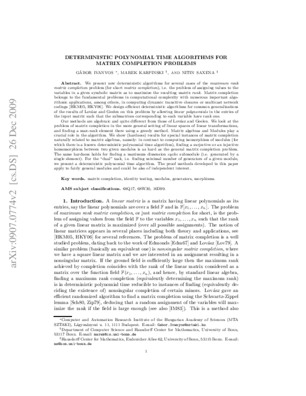 (PDF) Deterministic Polynomial Time Algorithms for Matrix Completion Problems