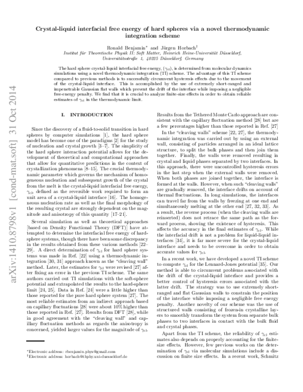(PDF) Crystal-liquid interfacial free energy of hard spheres via a ...