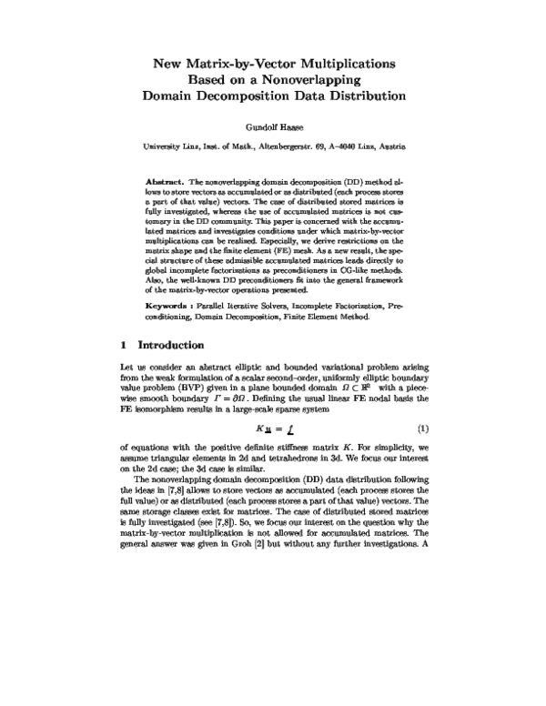 Pdf New Matrix By Vector Multiplications Based On A Nonoverlapping Domain Decomposition Data 