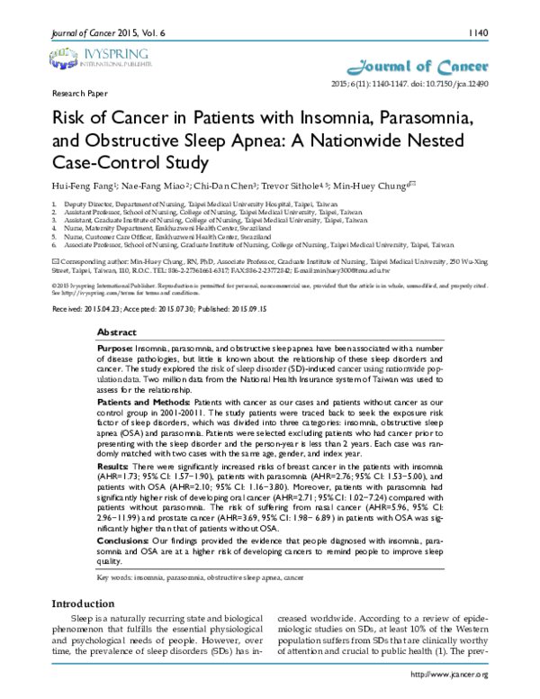 (PDF) Risk of Cancer in Patients with Insomnia, Parasomnia, and ...