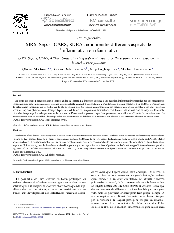 (PDF) SIRS, Sepsis, CARS, SDRA : comprendre différents aspects de l ...