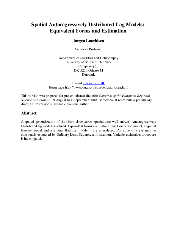 (PDF) Spatial autoregressively distributed lag models: equivalent forms, estimation, and an ...