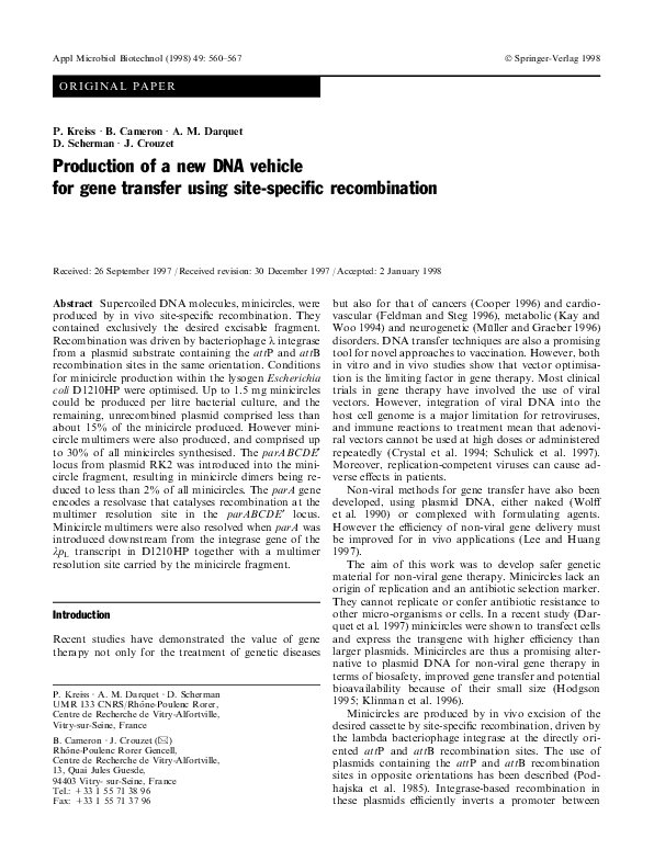 (PDF) Production of a new DNA vehicle for gene transfer using site ...