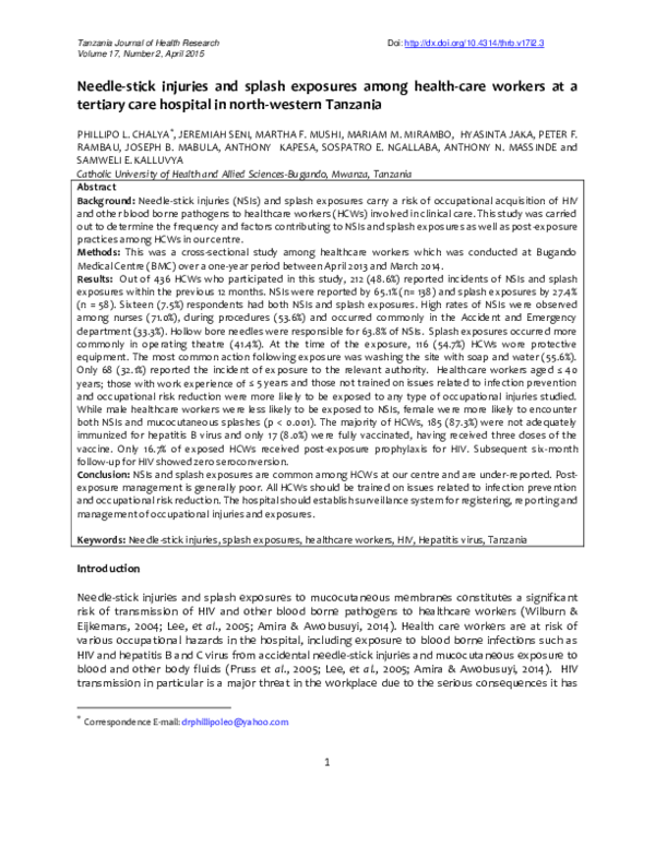 (PDF) Needle-stick injuries and splash exposures among health-care ...