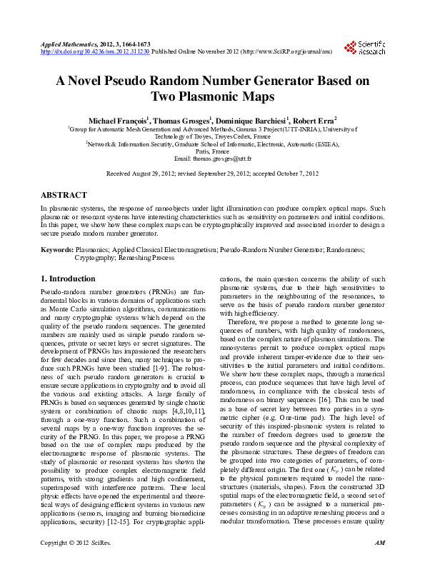 (PDF) A Novel Pseudo Random Number Generator Based on Two Plasmonic Maps