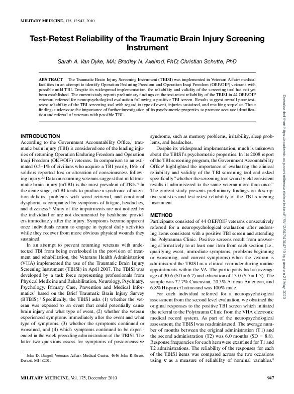 (PDF) Test-Retest Reliability of the Traumatic Brain Injury Screening ...