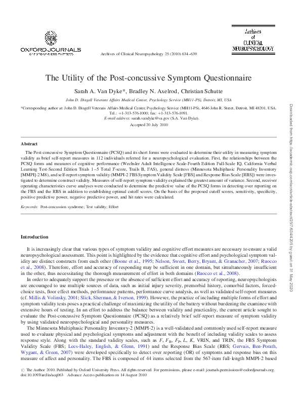 (PDF) The utility of the post-concussive symptom questionnaire