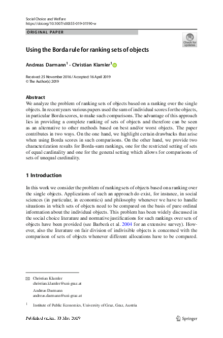 (PDF) Using the Borda rule for ranking sets of objects | Christian ...