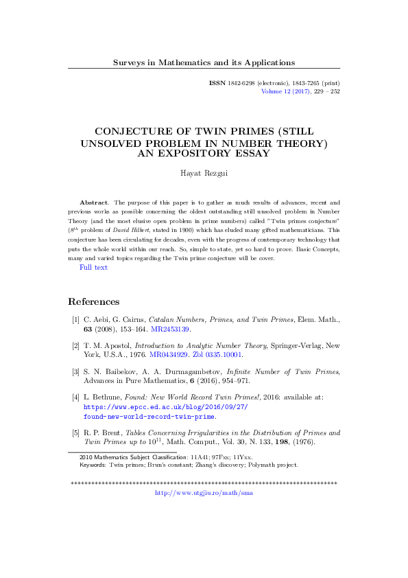 (PDF) Conjecture of Twin Primes ( Still Unsolved Problem in Number ...