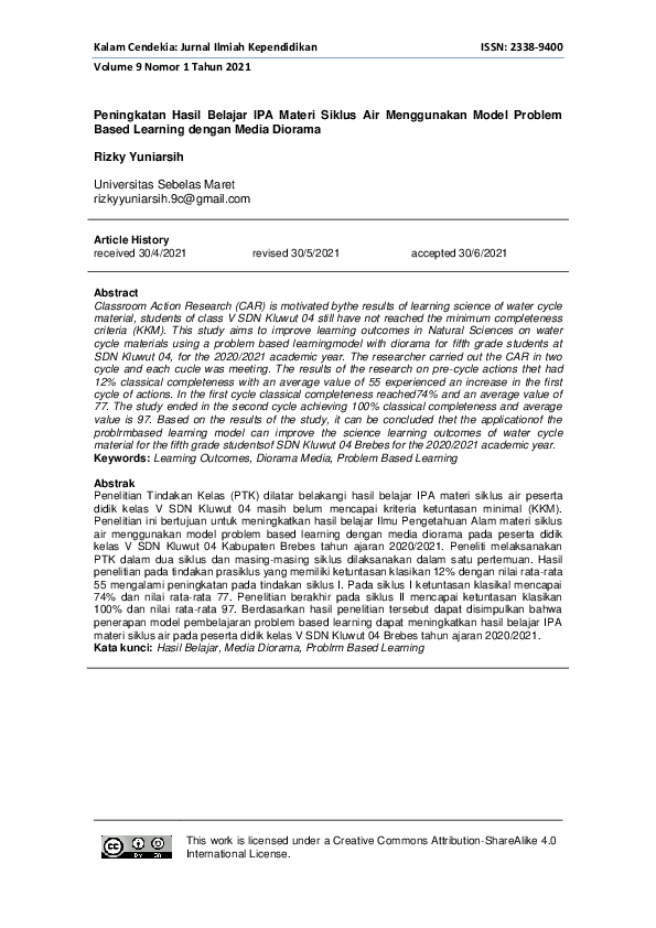(PDF) Peningkatan Hasil Belajar IPA Materi Siklus Air Menggunakan Model Problem Based Learning ...