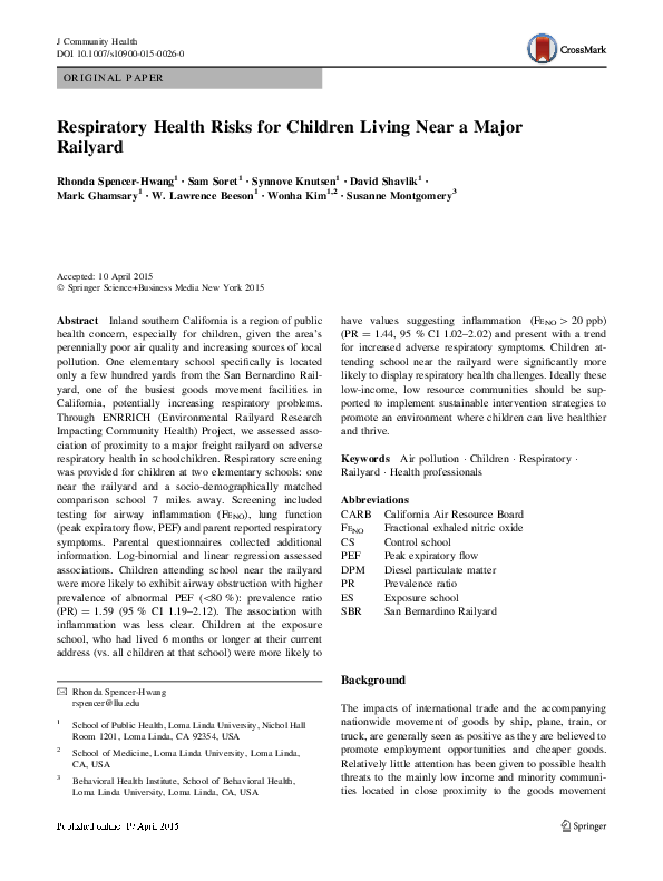 (PDF) Respiratory Health Risks for Children Living Near a Major ...