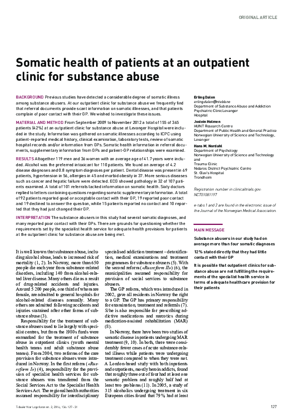 (PDF) Somatisk helse hos pasienter ved en ruspoliklinikk | H. Nordahl - Academia.edu