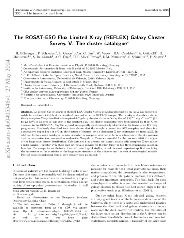 (PDF) The ROSAT-ESO Flux Limited X-ray (REFLEX) Galaxy cluster survey ...