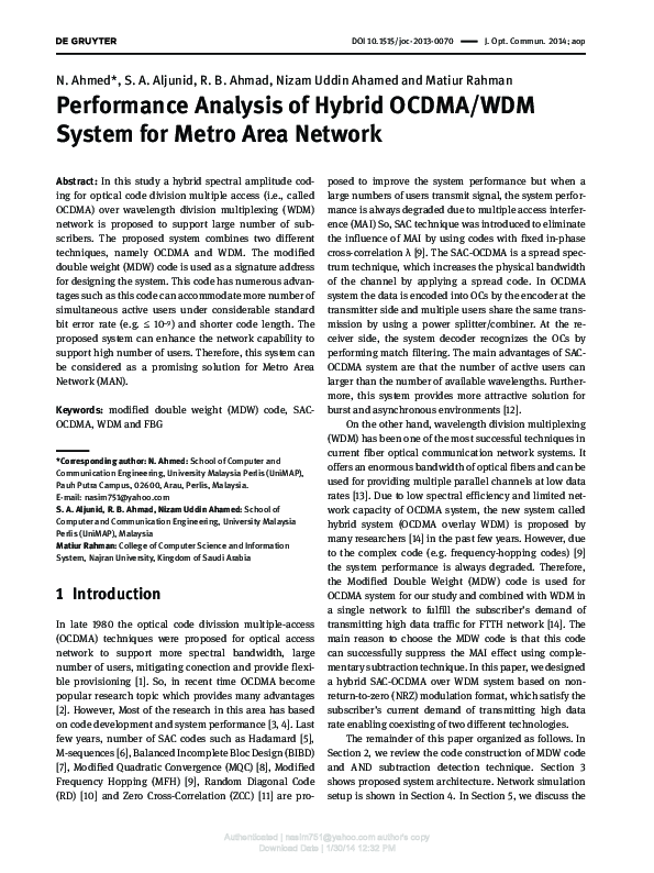 (PDF) Performance Analysis of Hybrid OCDMA/WDM System for Metro Area Network