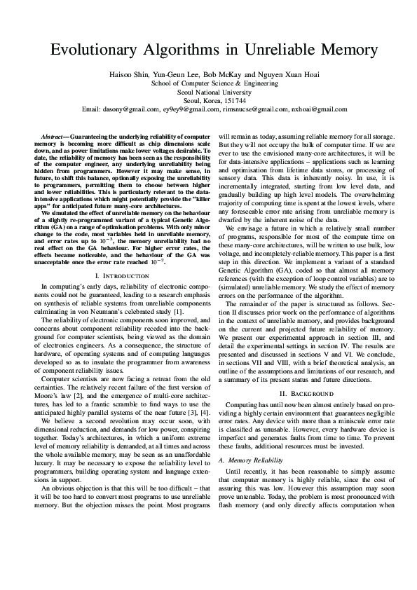 (PDF) Evolutionary Algorithms in Unreliable Memory | Robert Mckay - Academia.edu