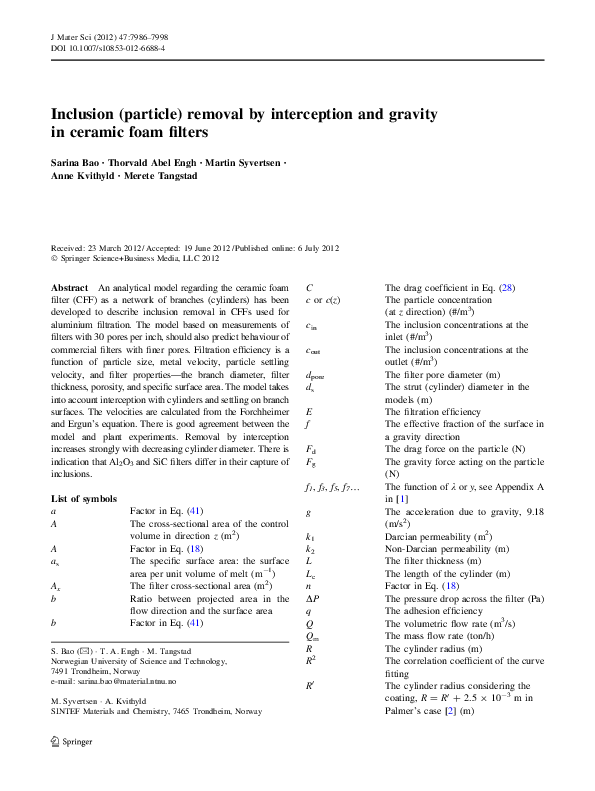 (PDF) Inclusion (particle) removal by interception and gravity in ...