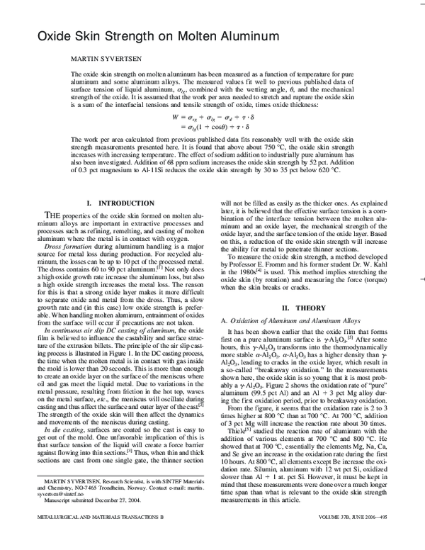 (PDF) Oxide skin strength on molten aluminum