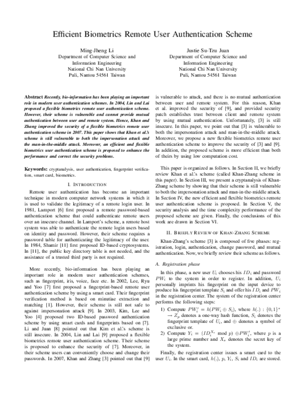 Pdf Efficient Biometrics Remote User Authentication Scheme Justie