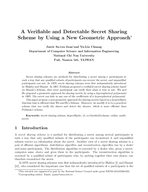 (PDF) A Verifiable and Detectable Secret Sharing Scheme by Using a New Geometric Approach