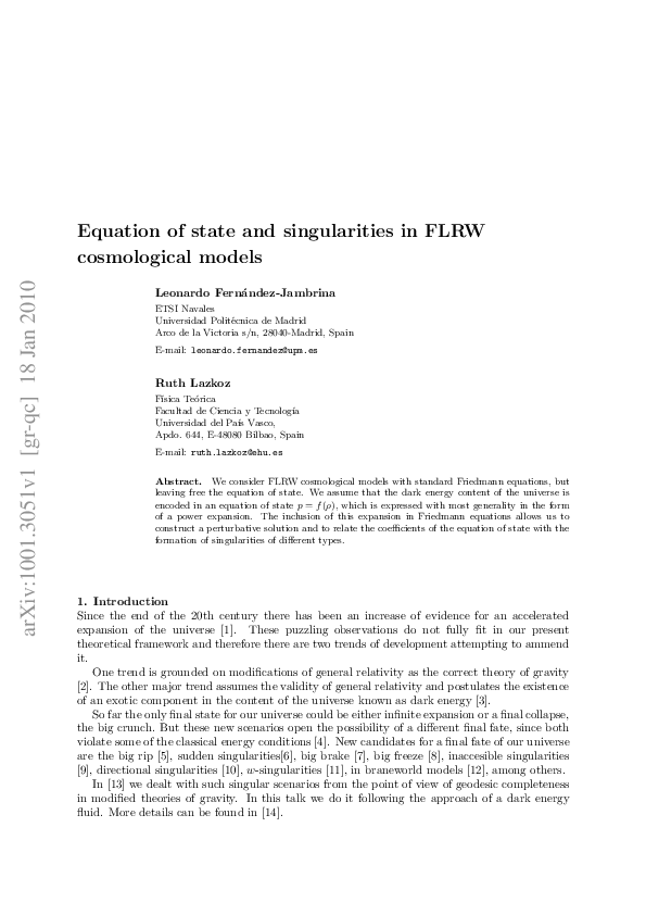 (PDF) Equation of state and singularities in FLRW cosmological models