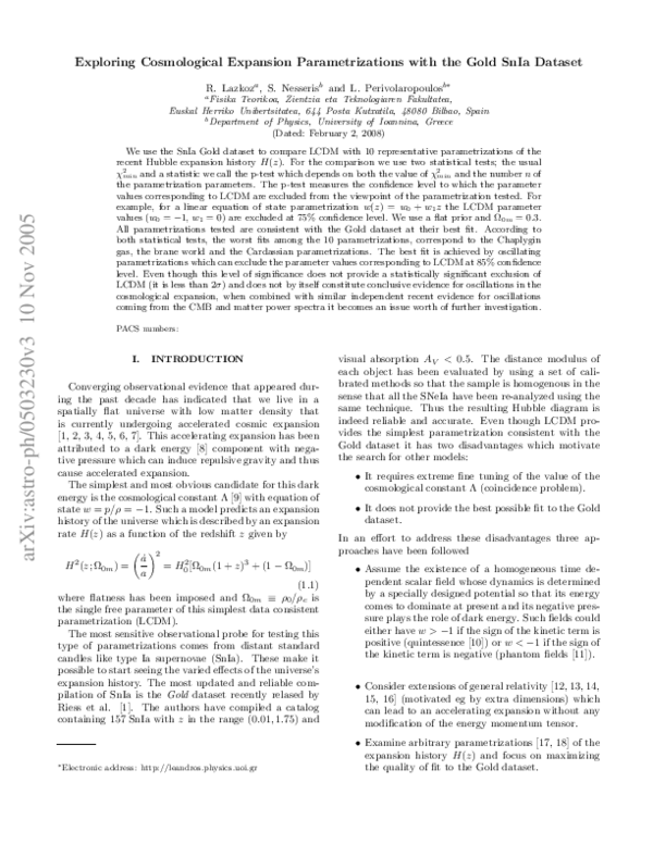 (PDF) Exploring cosmological expansion parametrizations with the gold SnIa data set