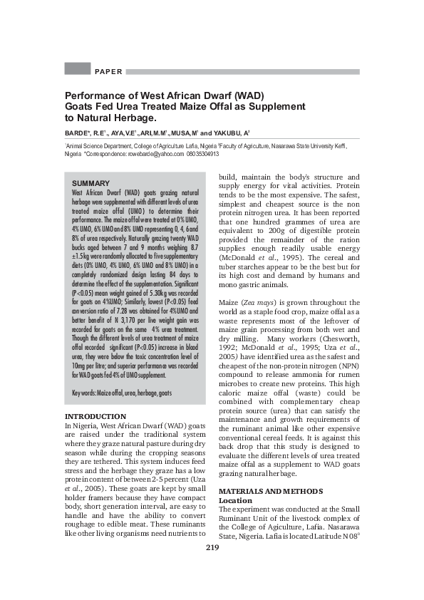 (PDF) Performance of West African Dwarf (WAD) Goats Fed Urea Treated ...