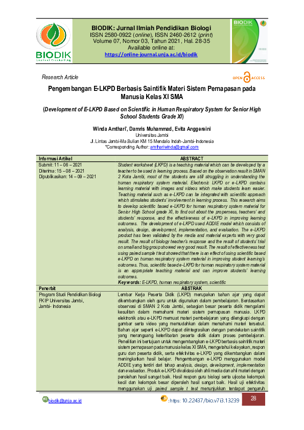 (PDF) Pengembangan E-LKPD Berbasis Saintifik Materi Sistem Pernapasan pada Manusia Kelas XI SMA