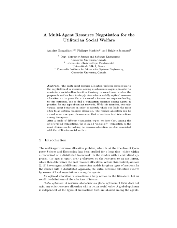 (PDF) A Multi-Agent Resource Negotiation for the Utilitarian Social Welfare