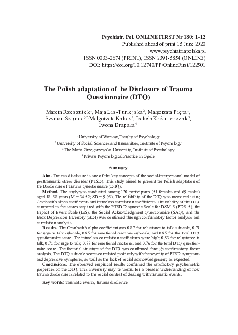 (PDF) The Polish adaptation of the Disclosure of Trauma Questionnaire ...