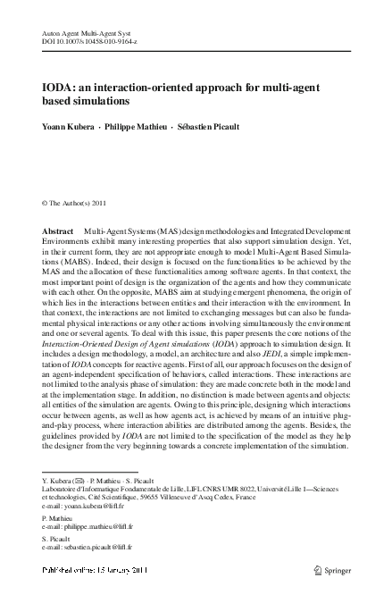 (PDF) IODA: an interaction-oriented approach for multi-agent based simulations