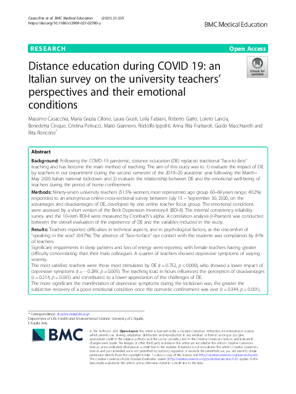 (PDF) Distance education during COVID 19: an Italian survey on the ...