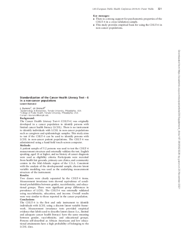 (PDF) Standardization of the Cancer Health Literacy Test – 6 in a non ...
