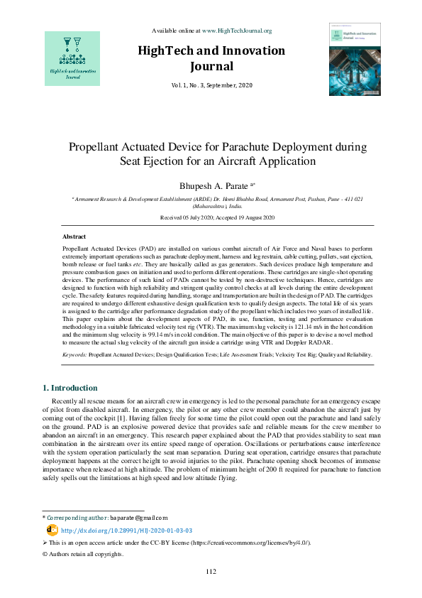 (PDF) Propellant Actuated Device for Parachute Deployment during Seat ...