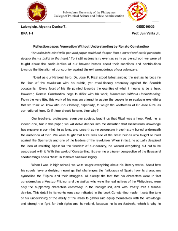 (DOC) [Reflection Paper] Veneration Without Understanding-Renato ...