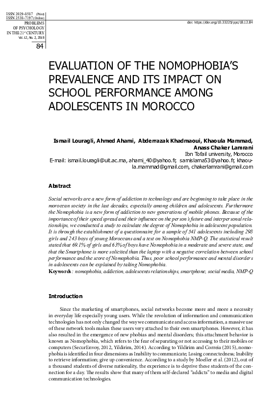 (PDF) Evaluation of the Nomophobia’s Prevalence and Its Impact on School Performance Among ...