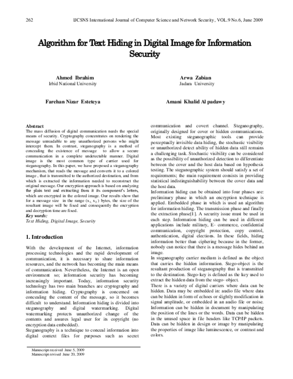 (PDF) Algorithm for Text Hiding in Digital Image for Information Security