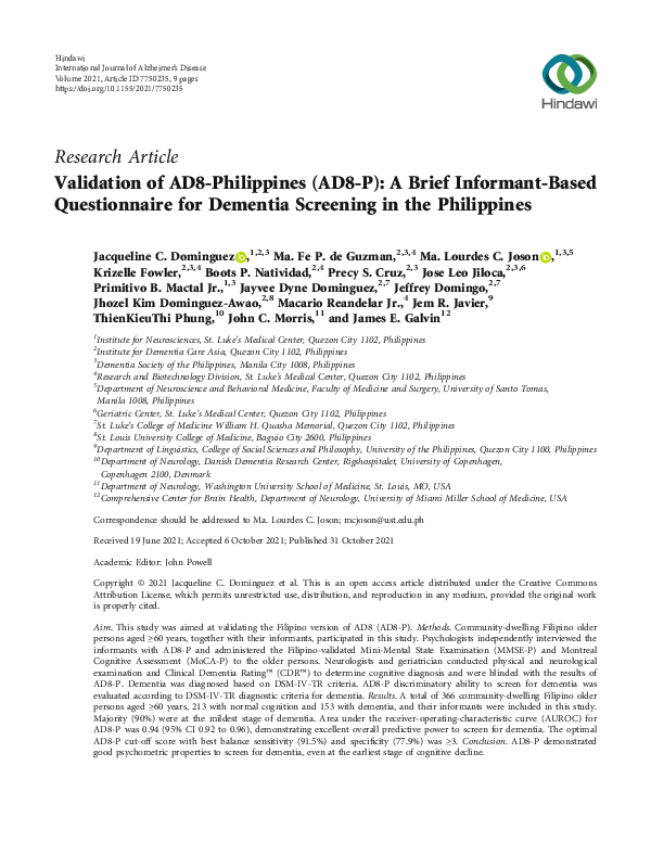 (PDF) Validating AD8-P: Dementia Screening in the PH