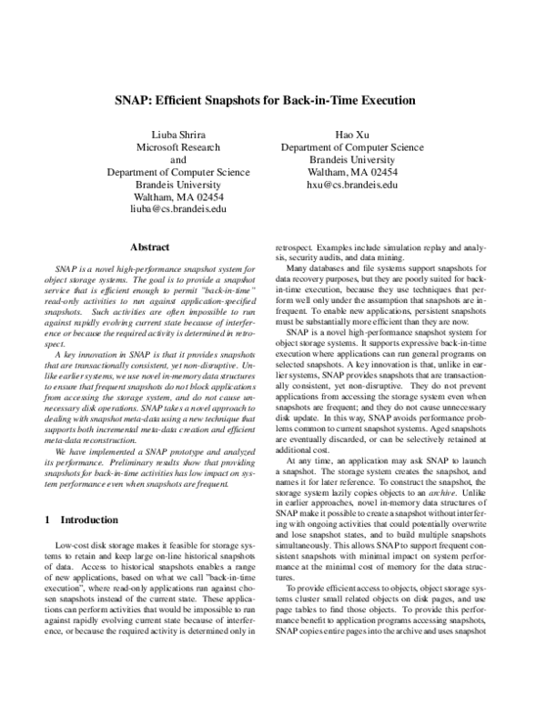 (PDF) SNAP: Efficient Snapshots for Back-in-Time Execution