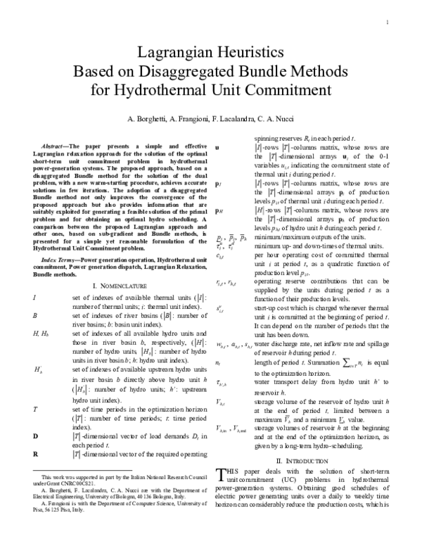(PDF) Lagrangian heuristics based on disaggregated bundle methods for hydrothermal unit commitment