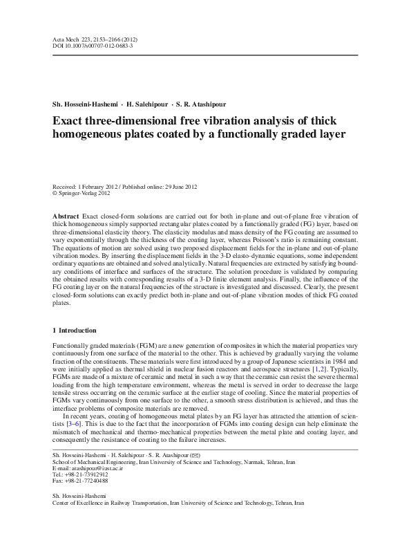 Pdf Exact Three Dimensional Free Vibration Analysis Of Thick