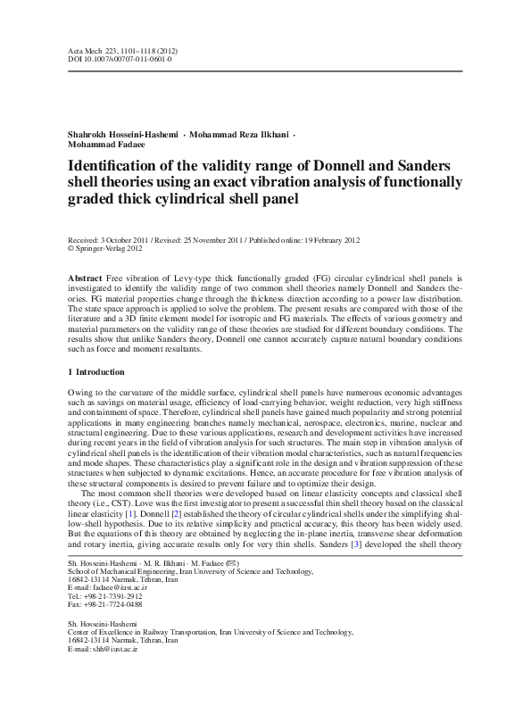 (PDF) Identification of the validity range of Donnell and Sanders shell ...