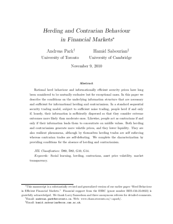 (PDF) Herding and contrarian behavior in financial markets