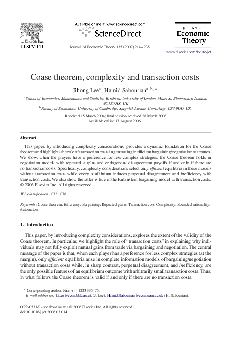 (PDF) Coase theorem, complexity and transaction costs