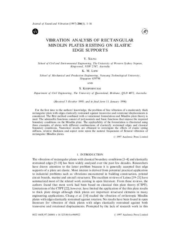 Pdf Vibration Analysis Of Rectangular Mindlin Plates Resting On Elastic Edge Supports