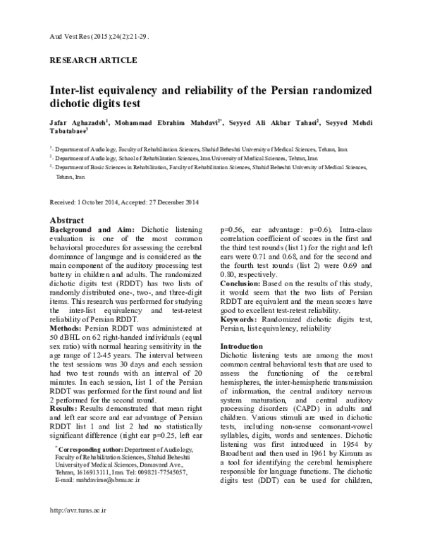 Pdf Inter List Equivalency And Reliability Of The Persian Randomized Dichotic Digits Test