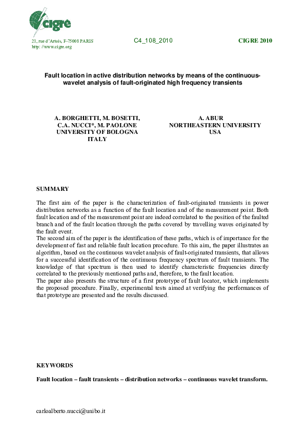 Pdf Fault Location In Active Distribution Networks By Means Of The Continuous Wavelet Analysis