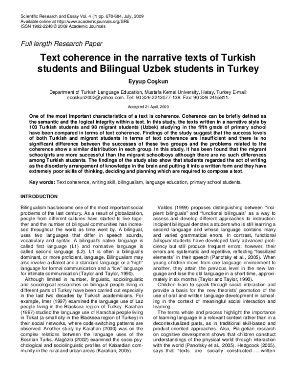 Text coherence in the narrative texts of Turkish students and Bilingual ...