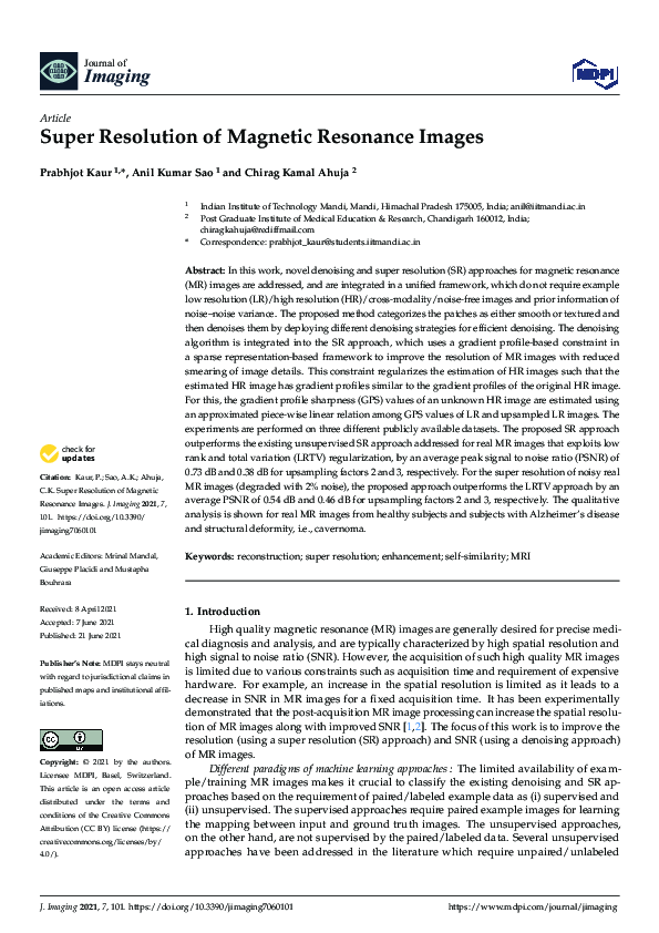 (PDF) Super Resolution of Magnetic Resonance Images