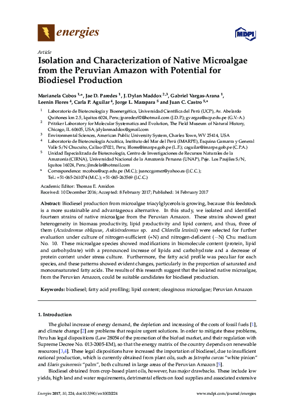 (PDF) Isolation and Characterization of Native Microalgae from the Peruvian Amazon with ...