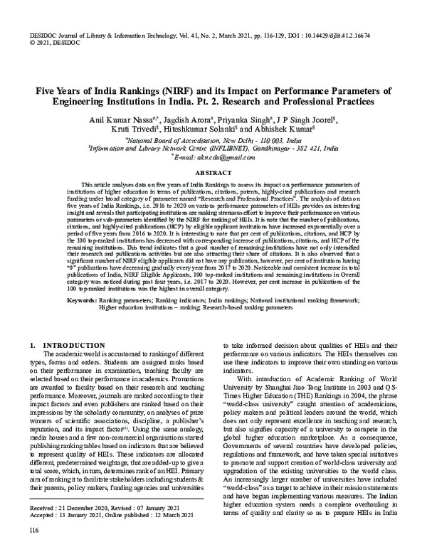 (PDF) Five Years of India Rankings NIRF and its Impact on Performance ...